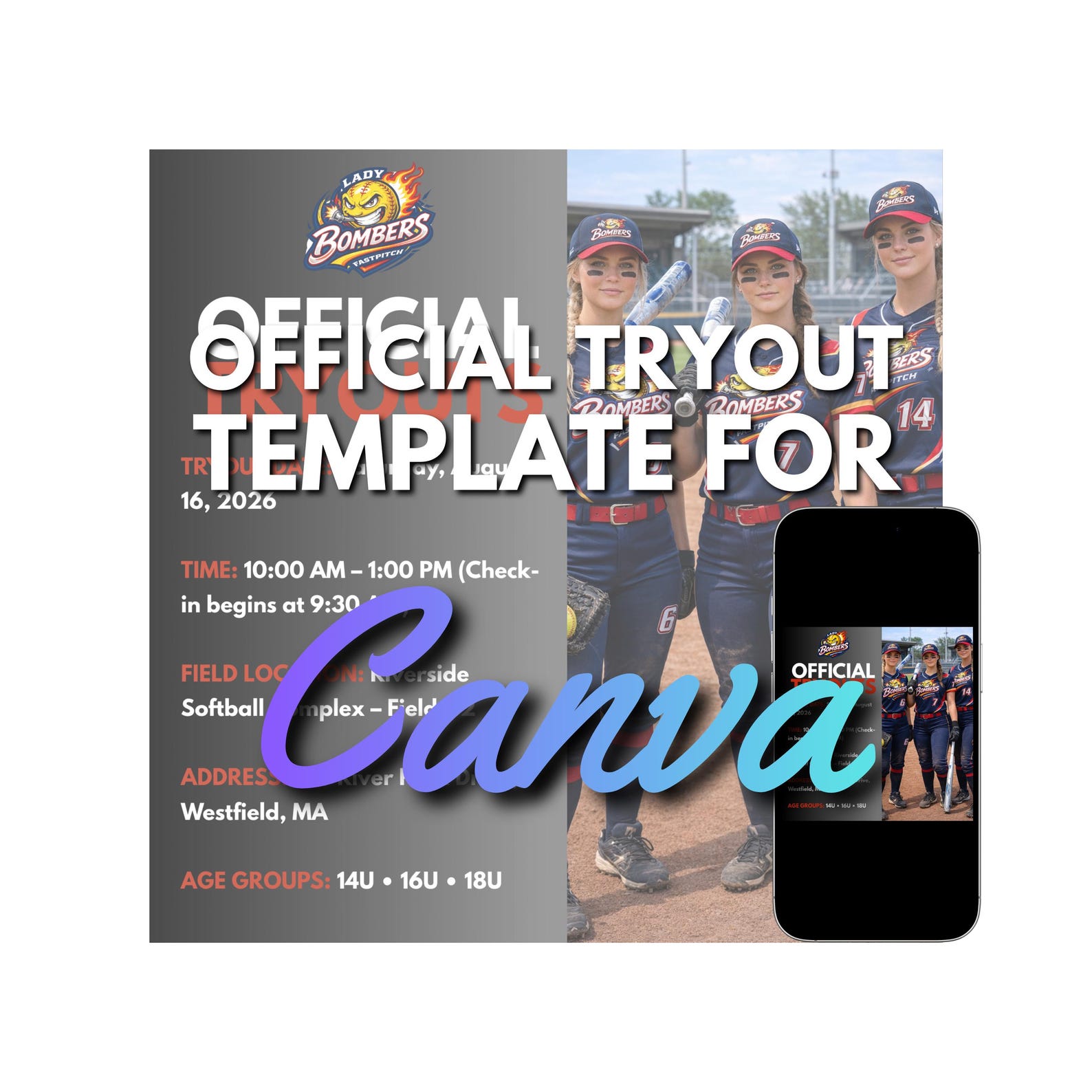 Softball Tryout Flyer Canva Template • Editable Club Team Tryouts ...