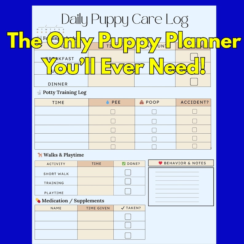 New Puppy Printable Planner | Pet Health Tracker | Potty Training ...
