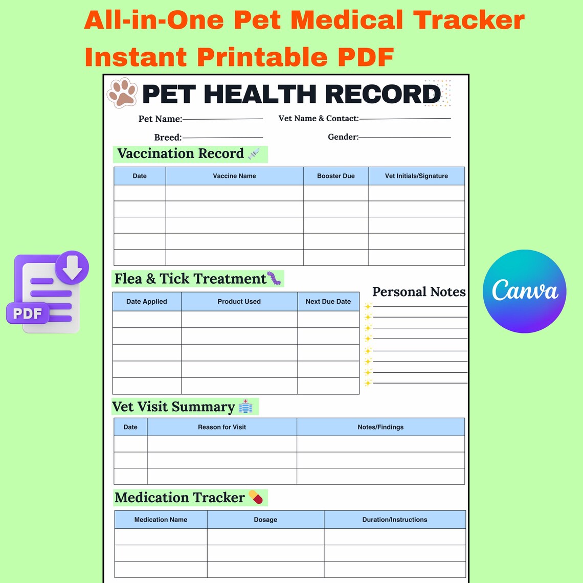 Pet Health Record Printable: Cat & Dog Medical Tracker (A4 PDF Download ...