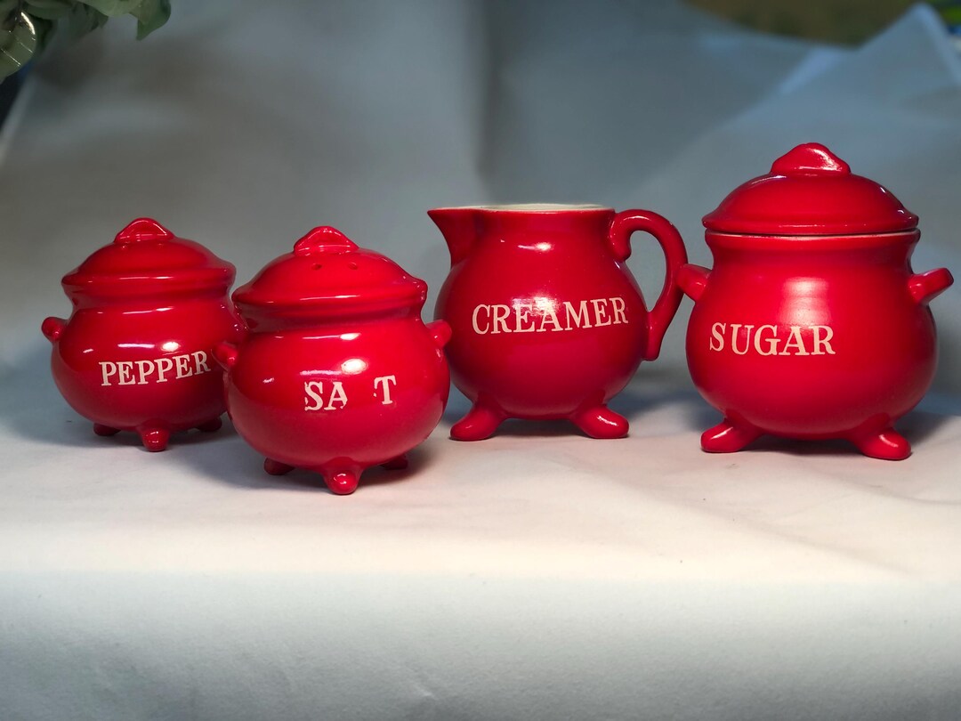 Vintage Red Bean Pot Creamer, Sugar, Salt & Pepper Set - Etsy