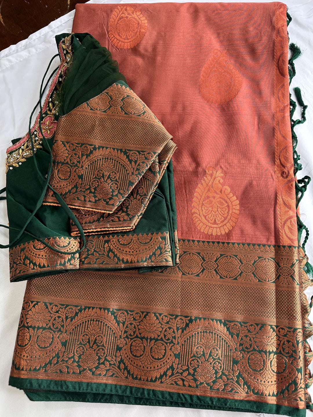 Copper Rust Kanchi Border Silk Handloom Saree Maggam Work Blouse - Etsy