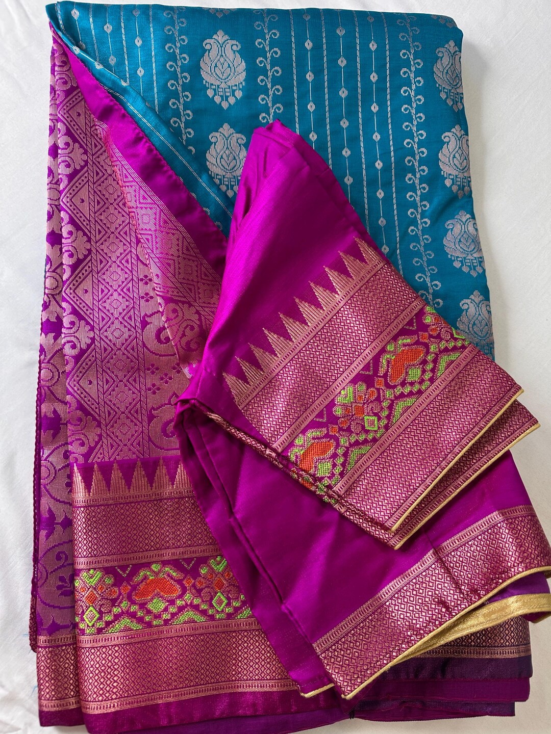 Fancy Semi Silk Blue Pink Saree With Blouse - Etsy