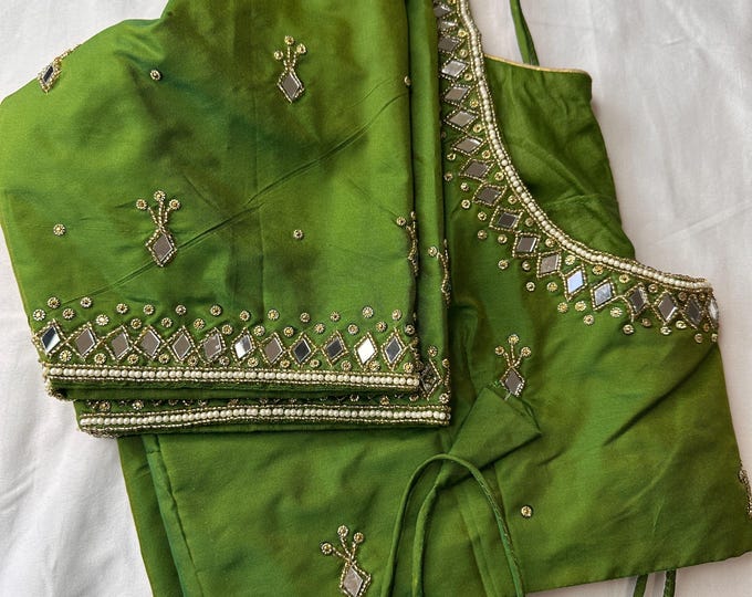 Green Blouse Mirror Maggam Aaari Work/stitched Ready Made Blouse Saree ...