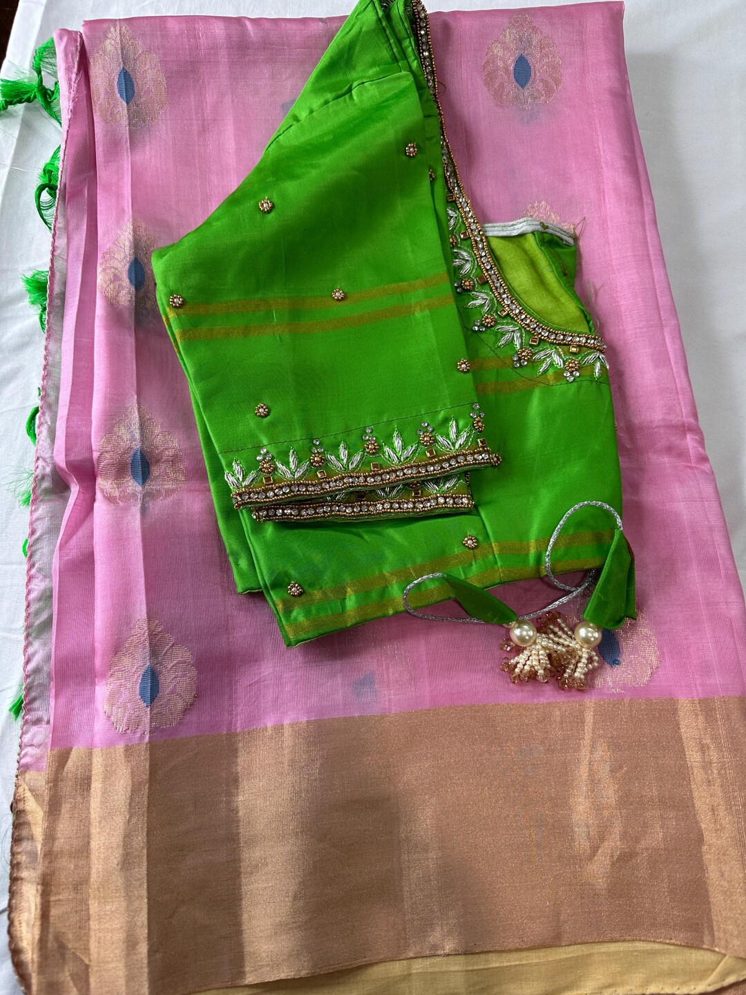 Uppada Pink Green Handloom Pure Silk Saree With Maggam Blouse - Etsy