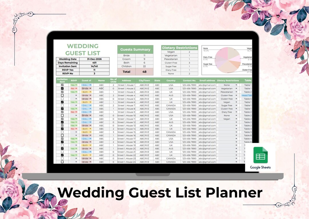 Wedding Guest List Tracker Google Sheet , RSVP Tracker and Seating ...