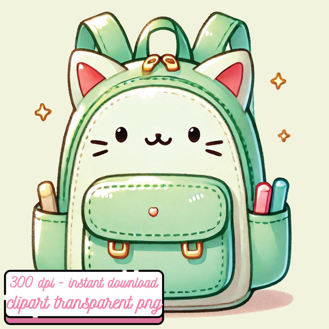 Mint Green Kawaii Cat Backpack Clipart | Cute Hand-drawn School Bag ...