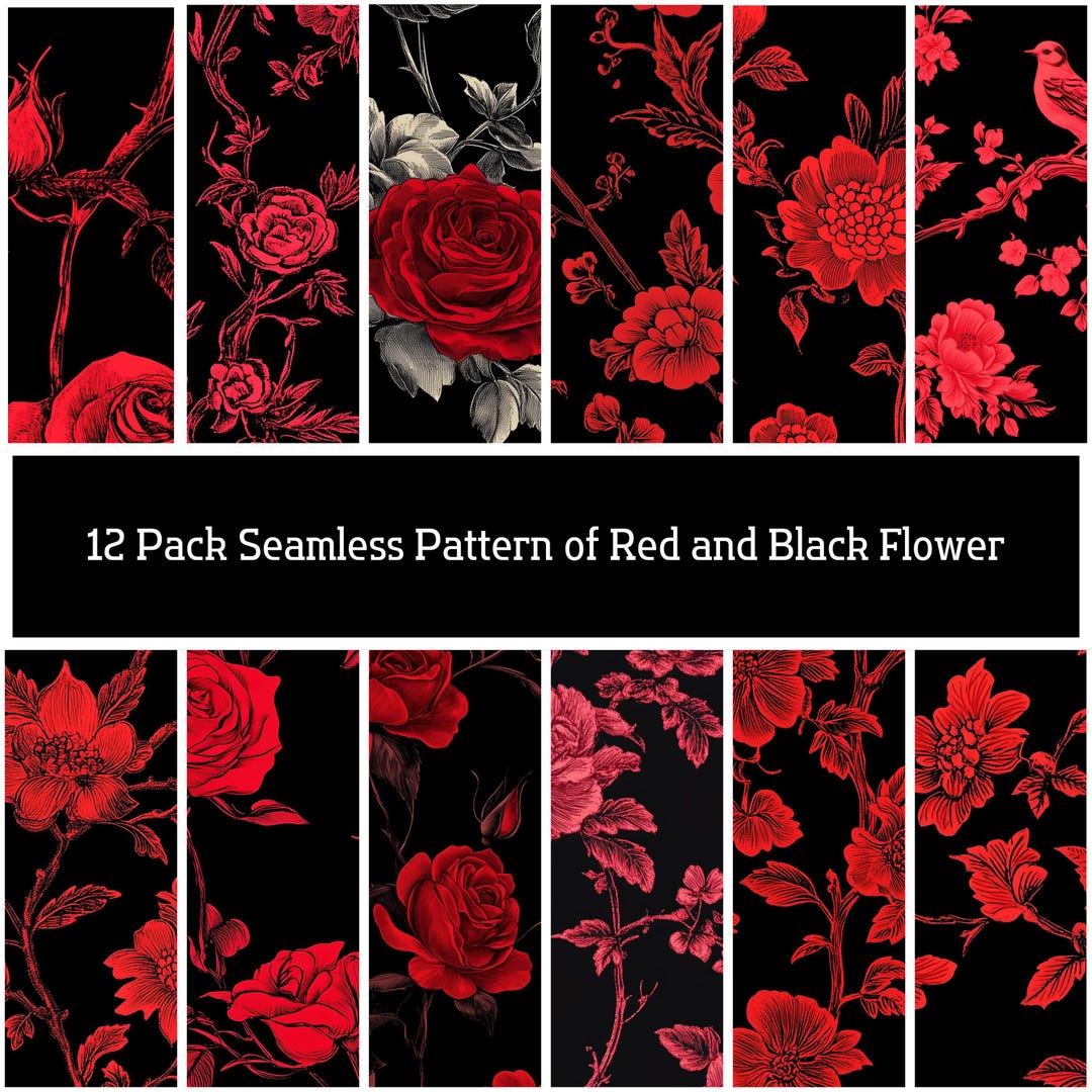 12 Line Draw Floral Digital Paper Backgrounds Red, Black Seamless ...