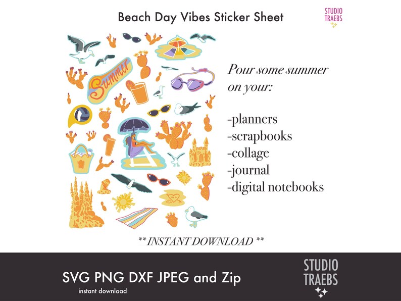 SVG and PNG Beach Day Vibes Sticker Sheet | Cute Beach Day Art | (also ...