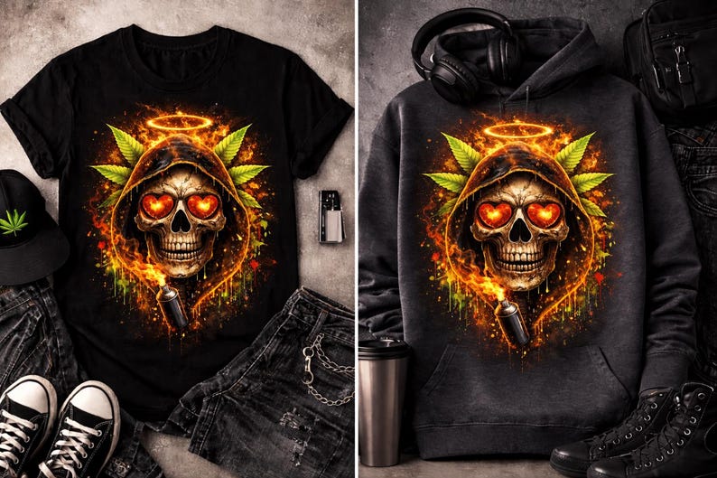 Graffiti Skull Heart Eyes Fire DTF Transfer | Hooded Skull Weed Art PNG ...
