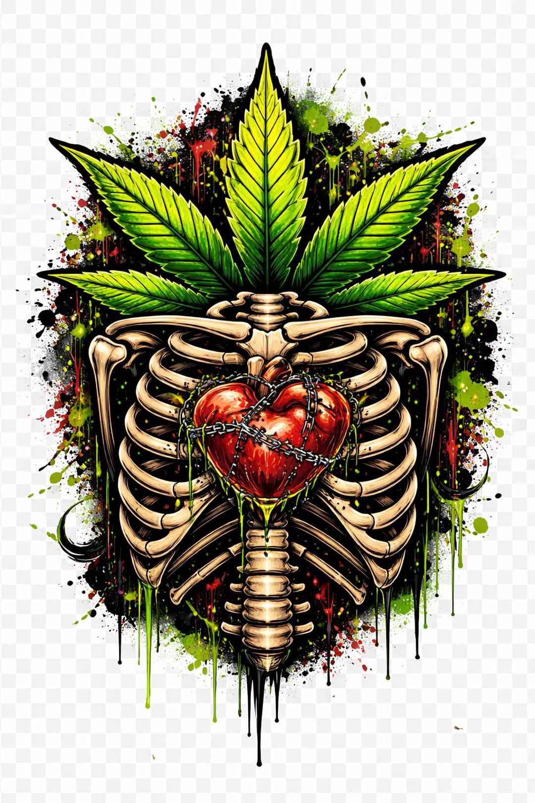 Graffiti Skeleton Heart Cannabis DTF Transfer | Stitched Heart Ribcage ...