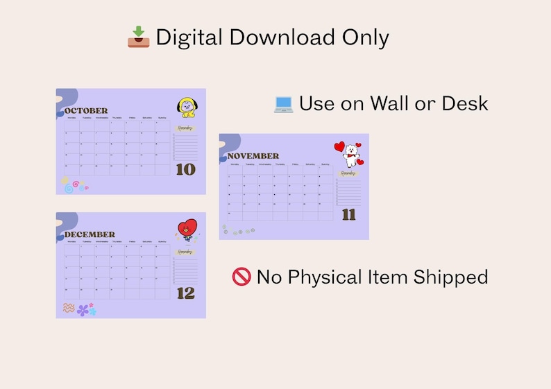 BTS Printable Calendar 2026 | K-pop Planner | Monthly BT21 PDF Download ...