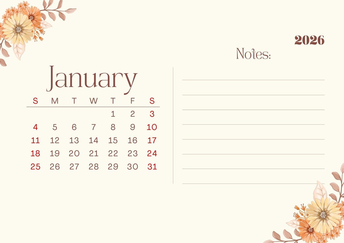Vintage Floral 2026 Calendar: Retro Printable (digital Download ...