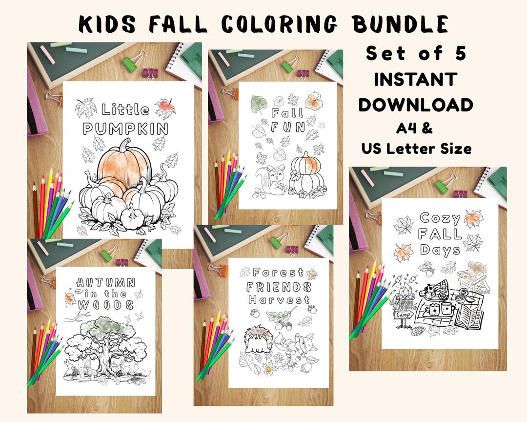 Kids Fall Coloring Bundle – Instant Download | 5 Printable Autumn ...