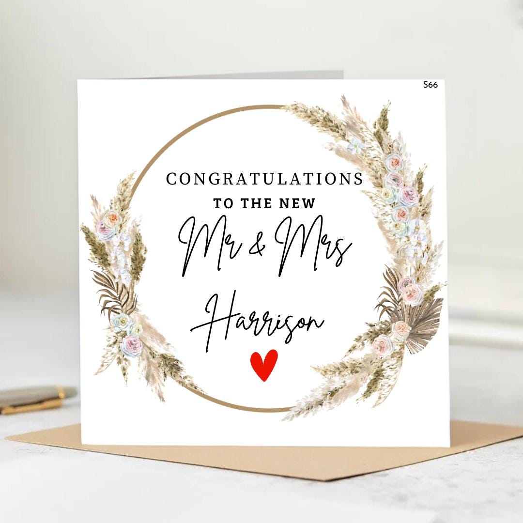 Personalized Wedding Card: Mr & Mrs Harrison, Floral Wreath - Etsy