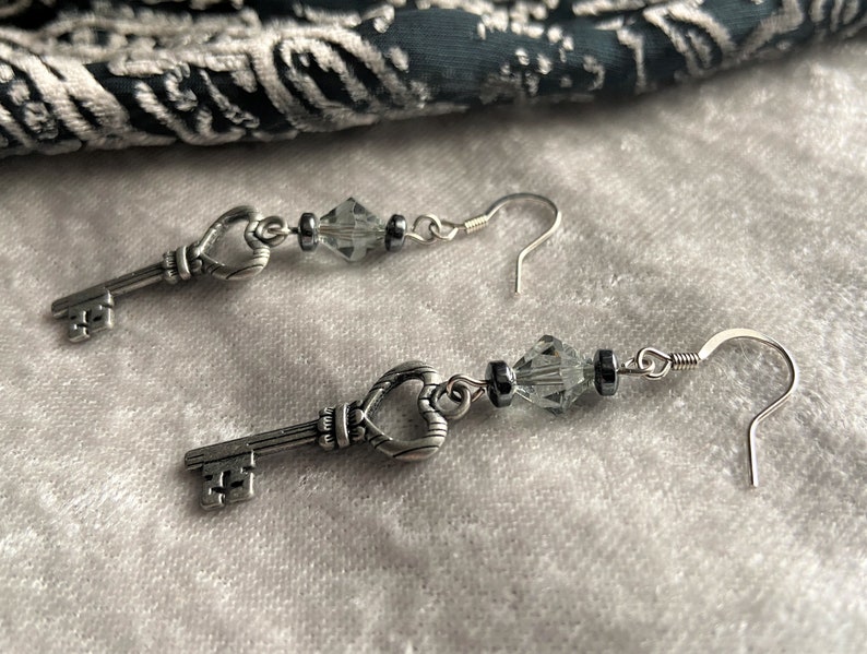 Hematite Crystal Skeleton Key Dangle Earrings Dark Academia - Etsy