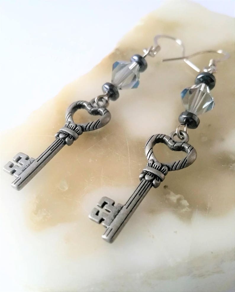Hematite Crystal Skeleton Key Dangle Earrings Dark Academia - Etsy