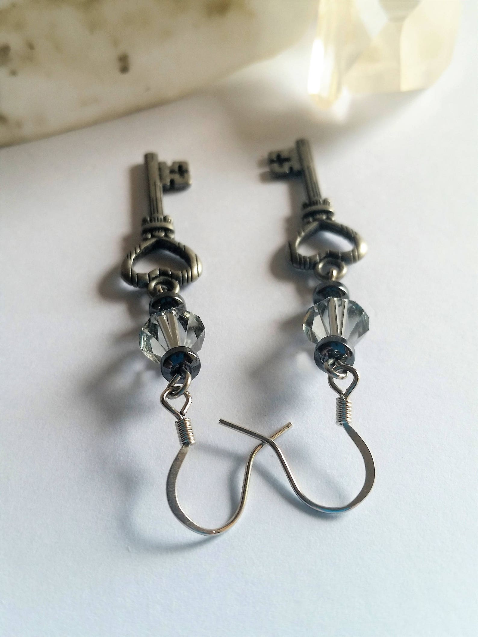 Hematite Crystal Skeleton Key Dangle Earrings Dark Academia - Etsy