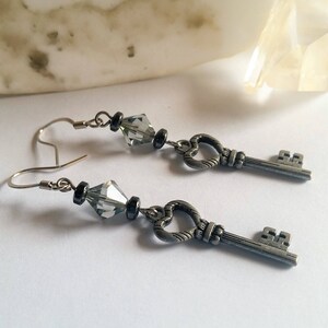 Hematite Crystal Skeleton Key Dangle Earrings Dark Academia - Etsy