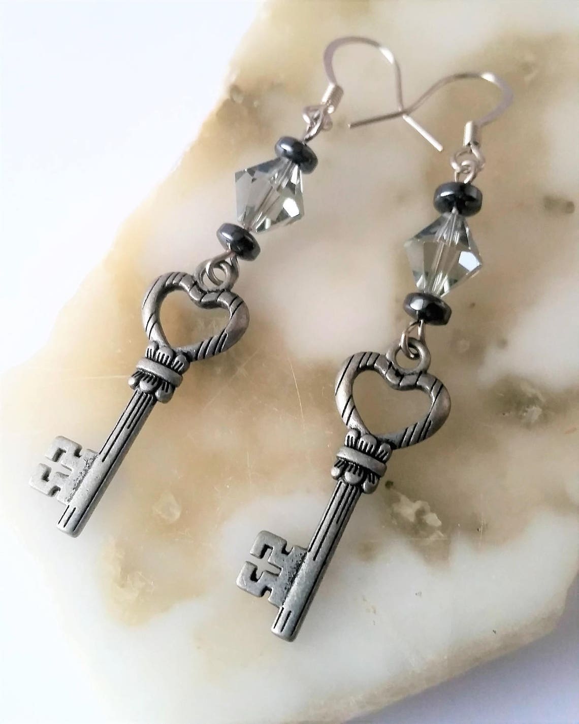 Hematite Crystal Skeleton Key Dangle Earrings Dark Academia - Etsy