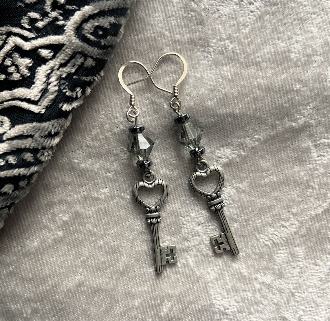 Hematite Crystal Skeleton Key Dangle Earrings Dark Academia - Etsy