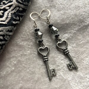 Hematite Crystal Skeleton Key Dangle Earrings Dark Academia - Etsy