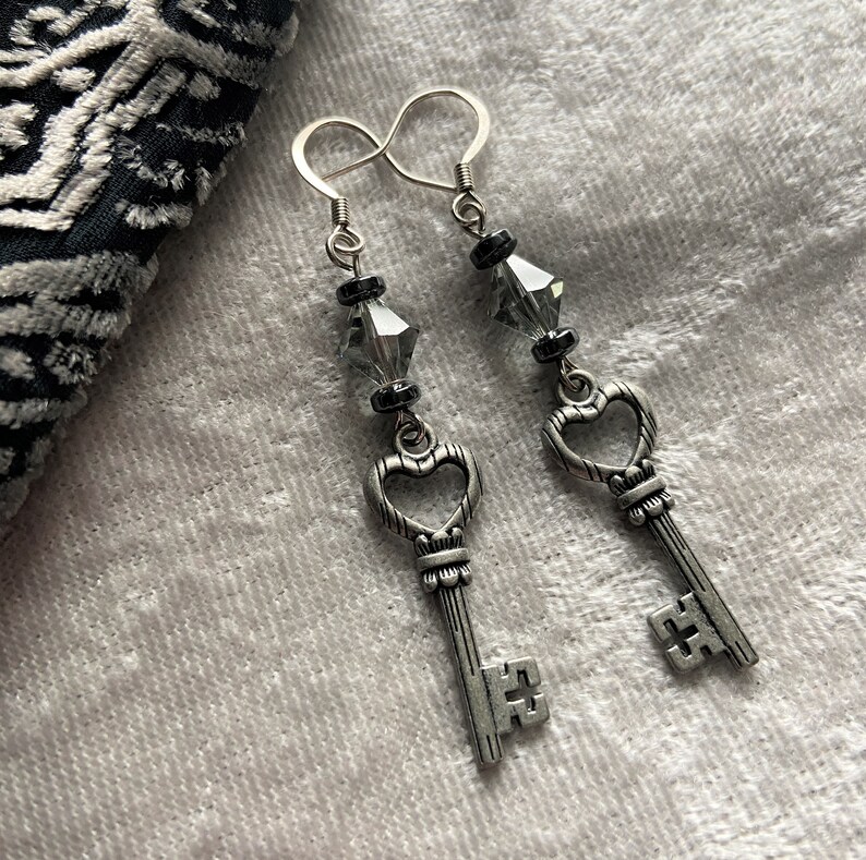 Hematite Crystal Skeleton Key Dangle Earrings Dark Academia - Etsy