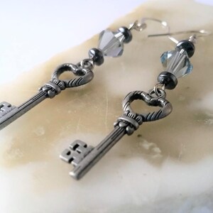 Hematite Crystal Skeleton Key Dangle Earrings Dark Academia - Etsy