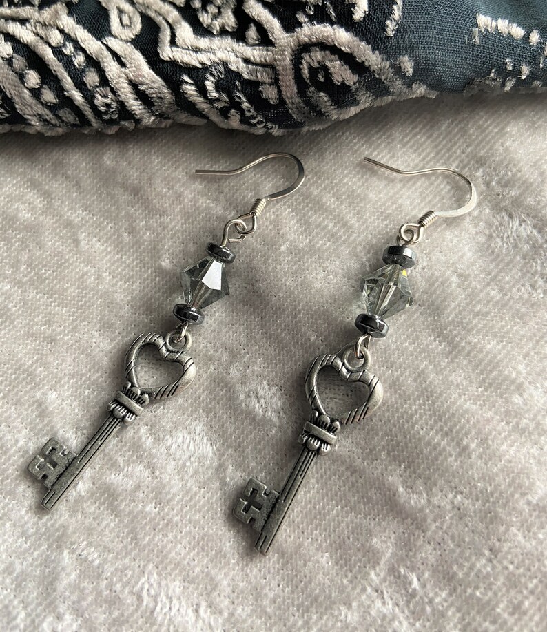 Hematite Crystal Skeleton Key Dangle Earrings Dark Academia - Etsy
