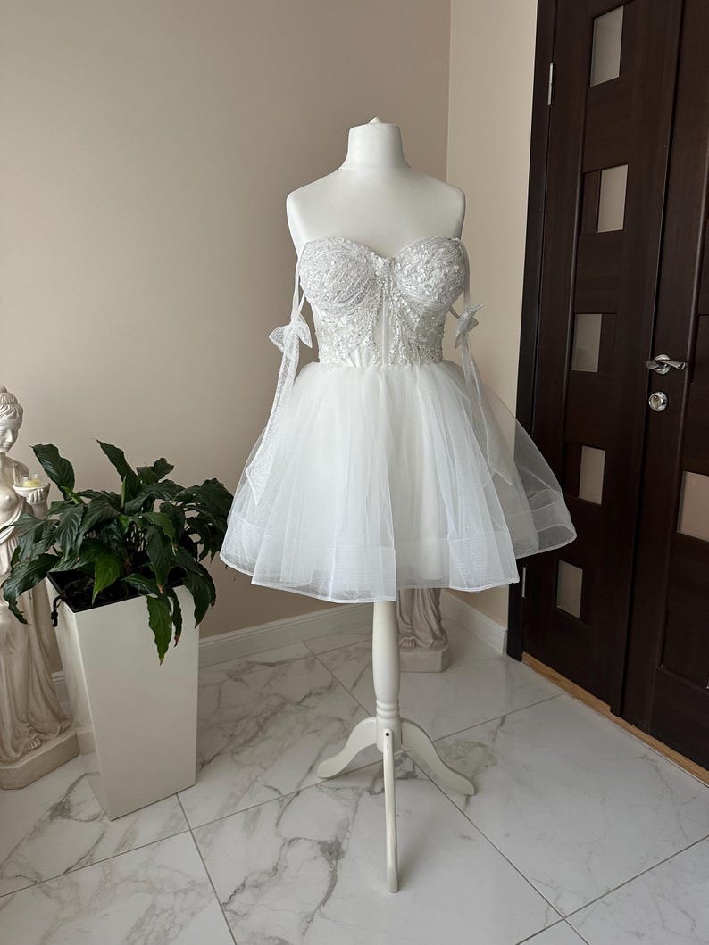 Ivory Mini Wedding Dress: Lace Corset, Bow Straps, Tulle Skirt - Etsy