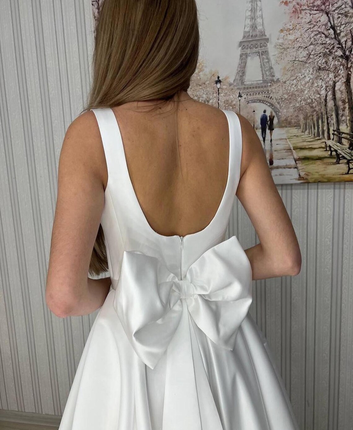 Satin Wedding Dress: Handmade Milk White A-line Gown With Open Back Bow ...