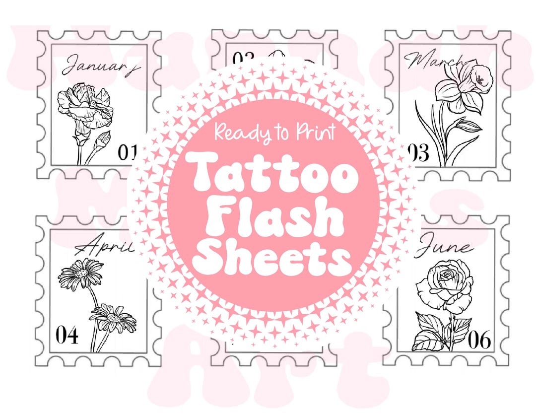 Birth Month Flower Tattoo Flash Sheets, Stamp Style (digital Download ...