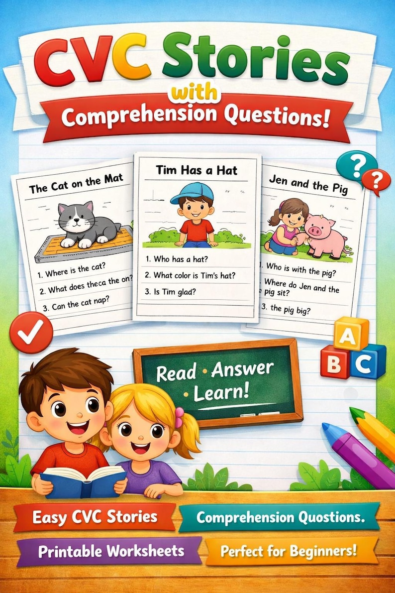 CVC Stories With Comprehension Questions | Phonics Reading (printable ...