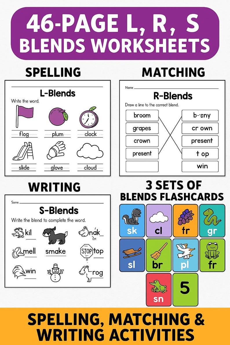 46-page L, R, S Consonant Blends Worksheets + 3 Sets Flashcards ...