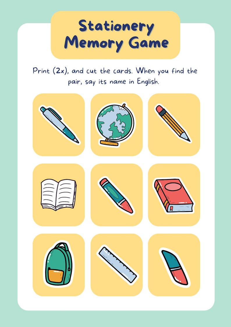 Printable Memory Matching Game | Kids Learning Activity (PDF Download) - Etsy