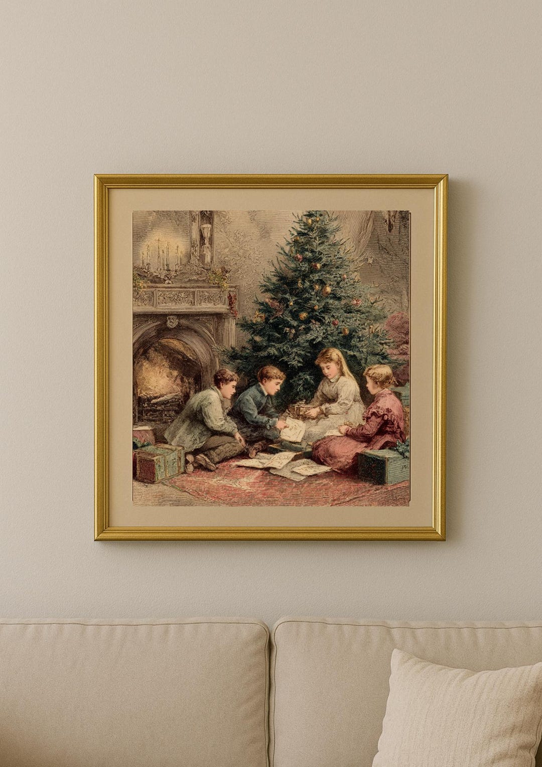 Victorian Christmas Morning Print – Vintage Children by Fireplace ...