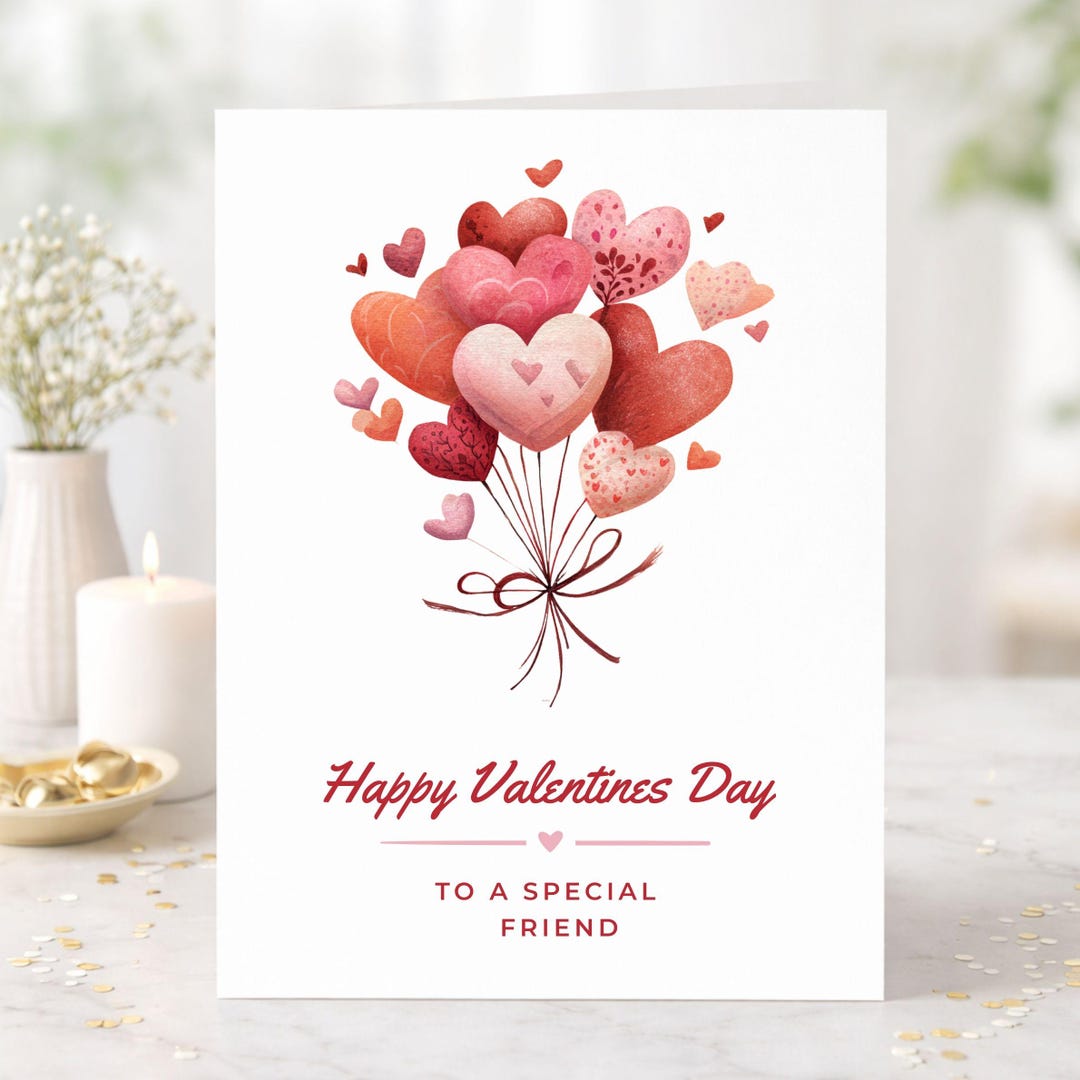 Printable Valentine's Day Card for Friend, Heart Balloons (digital ...