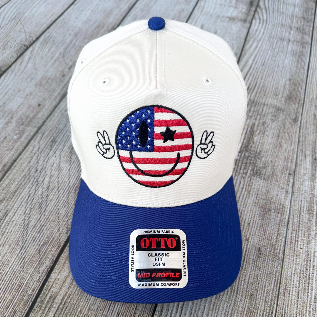 Embroidered Trucker Hat: Smiley Peace Sign Patriotic Design - Etsy