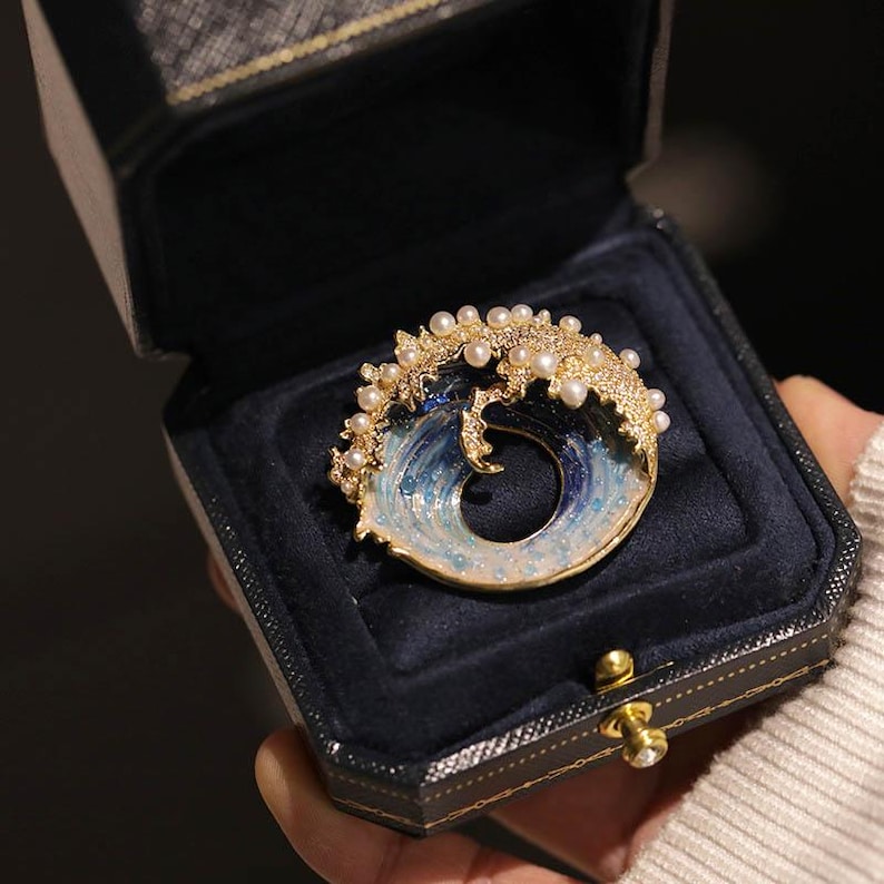 Hand-painted Starry Sky Wave Brooch: Pearl Ocean Pendant - Etsy