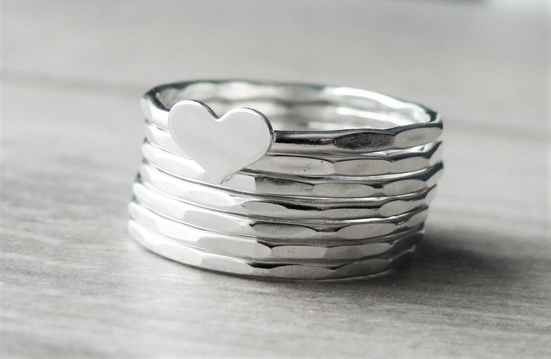 Sterling Silver Heart Ring • Hammered Stacking Rings, Set of 7 - Etsy