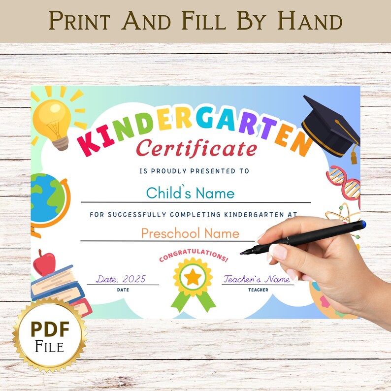 Kindergarten Graduation Certificate: Printable PDF Keepsake (fill-in ...