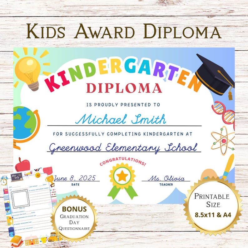 Kindergarten Graduation Diploma: Printable PDF With Bonus Questionnaire ...