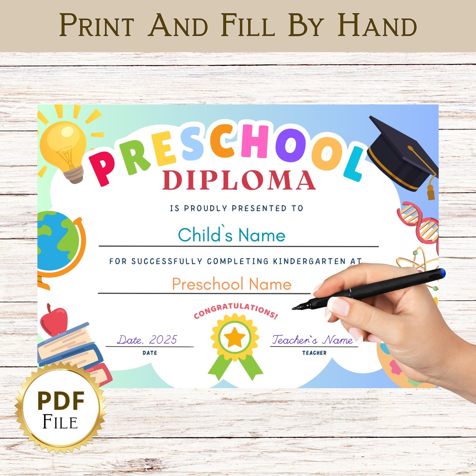 Preschool Graduation Diploma: Printable Certificate & Bookmark (PDF ...
