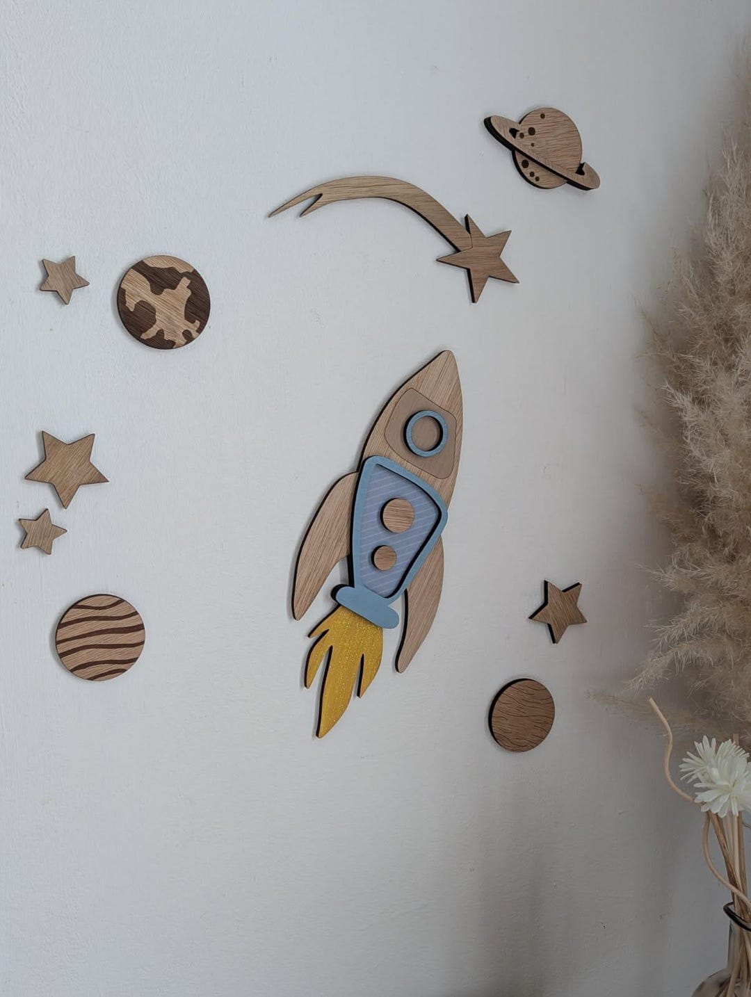 Wooden Space-themed Wall Decoration – Rocket, Stars and Planets ...
