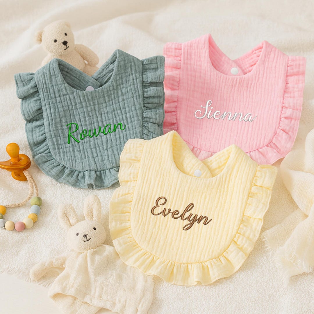 Personalized Ruffle Baby Bib, Custom Name Embroidered Baby Bibs, Baby ...