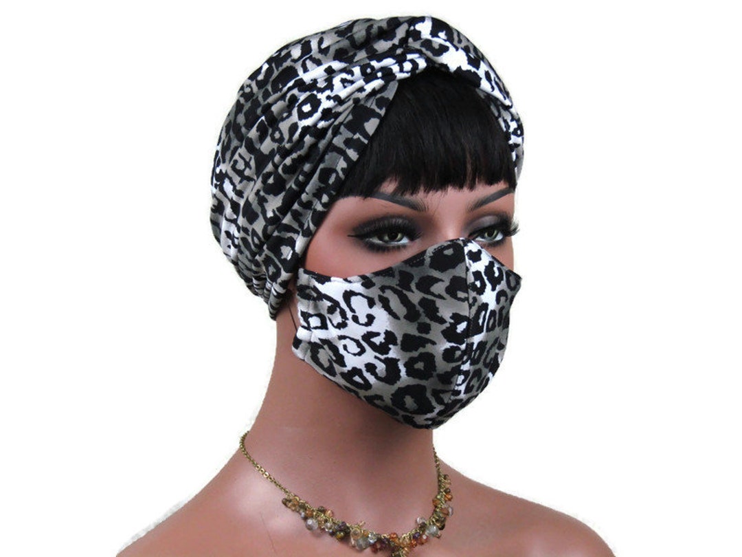 Grey and Black Turban and Full Face Mask With Nose Wire Set, Leopard ...