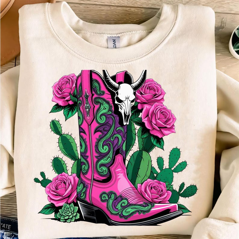 Neon Pink Cowboy Boot Art With Bull Skull, Roses & Cactus Southwestern ...