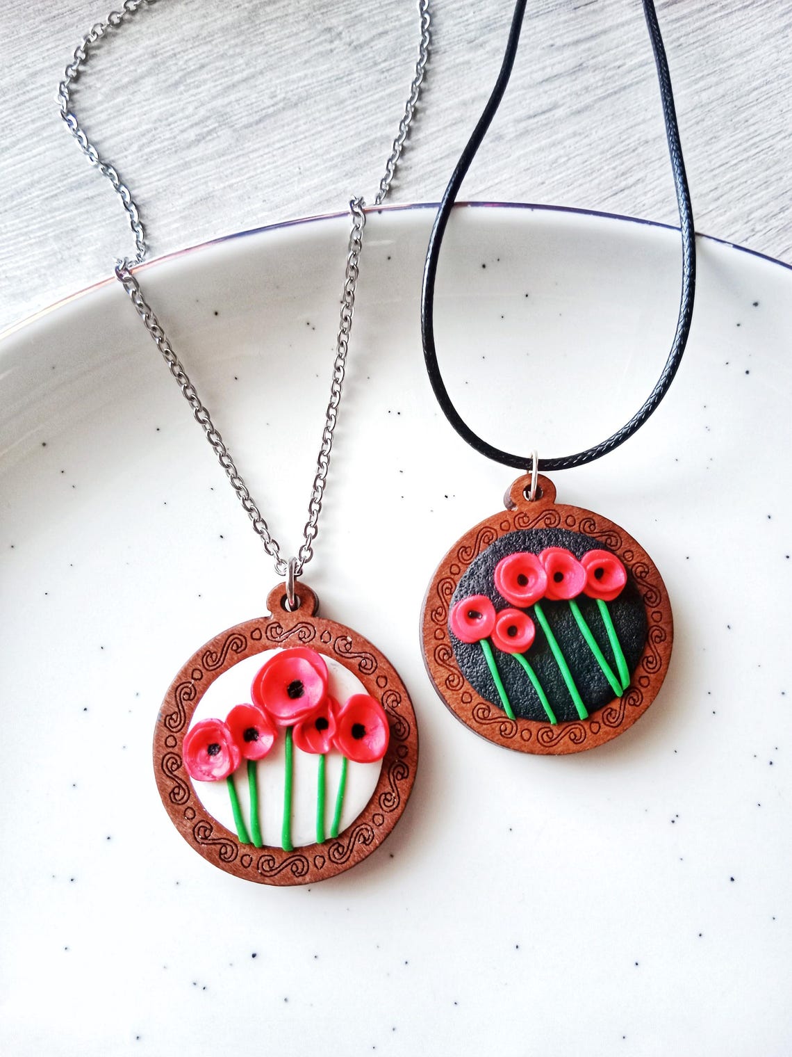 Handmade Poppy Pendant, Polymer Clay Floral Charm, Wood Base - Etsy