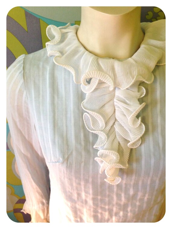 Vintage 60s Mod Ruffle Collar Blue White Striped Twig… - Gem