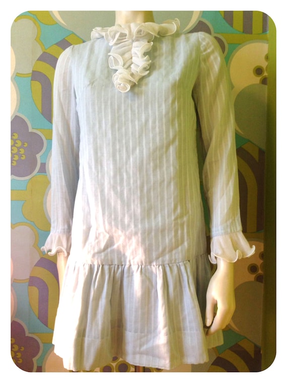 Vintage 60s Mod Ruffle Collar Blue White Striped Twig… - Gem