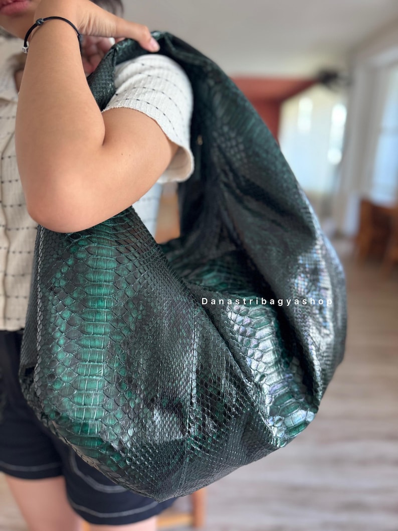 Emerald Green Python Leather Hobo Bag, Oversized Luxury Snakeskin ...